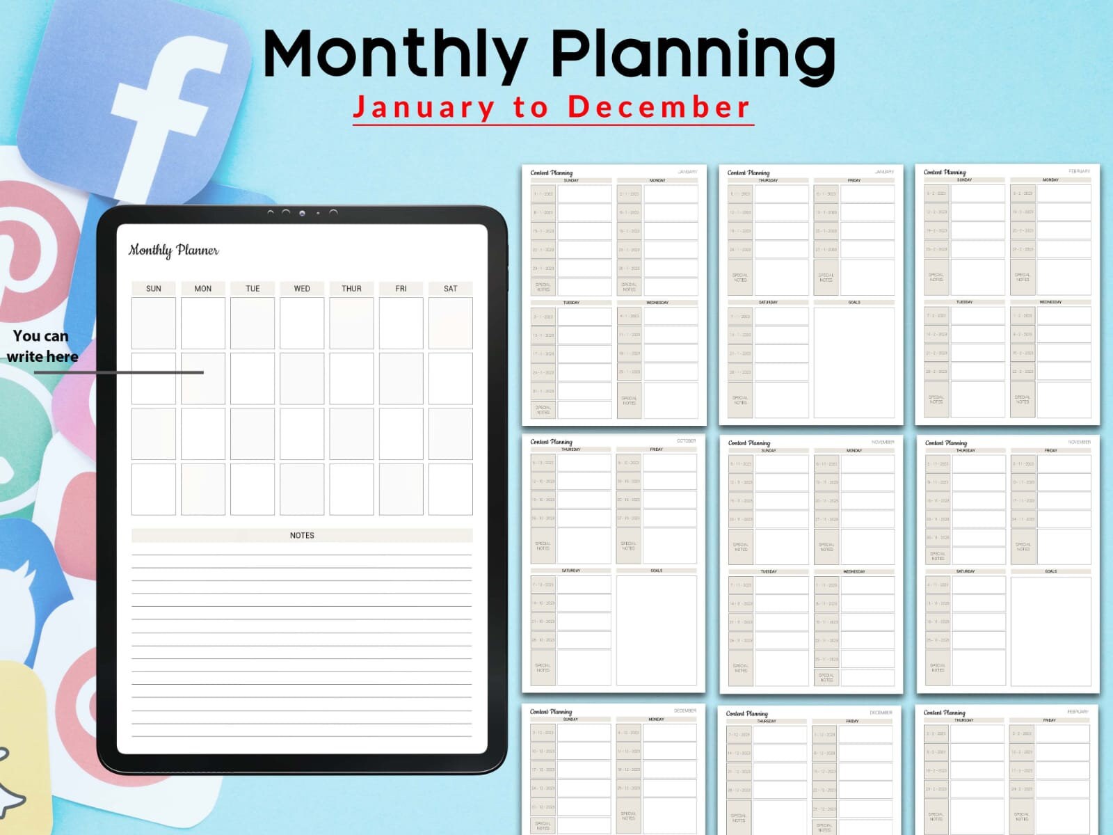 Printable Content Calendar| Social Media Planner | Printable Content Planner| Social Media ...