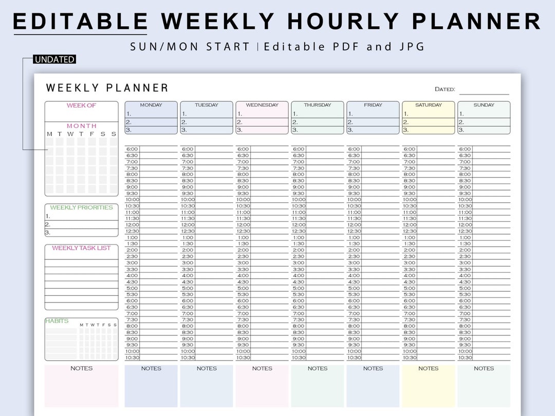 Printable Undated Multicolor Planner | Editable Undated Hourly Weekly ...