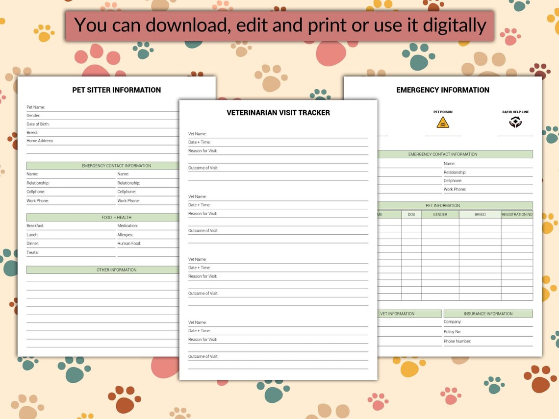 Digital Pet Care Planner | Editable Pet Planner | Printable Dog Planner ...