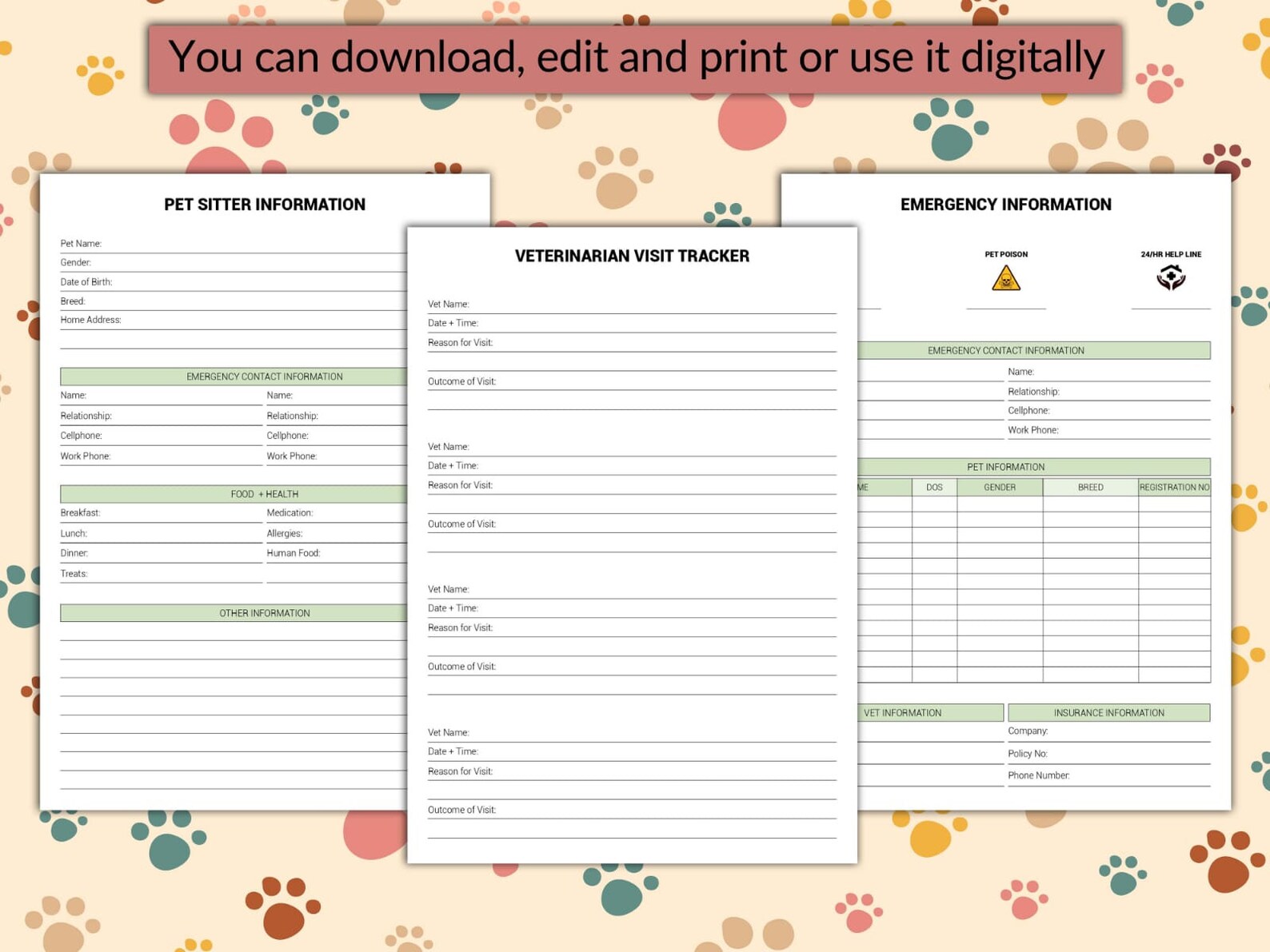 Digital Pet Care Planner | Editable Pet Planner | Printable Dog Planner ...