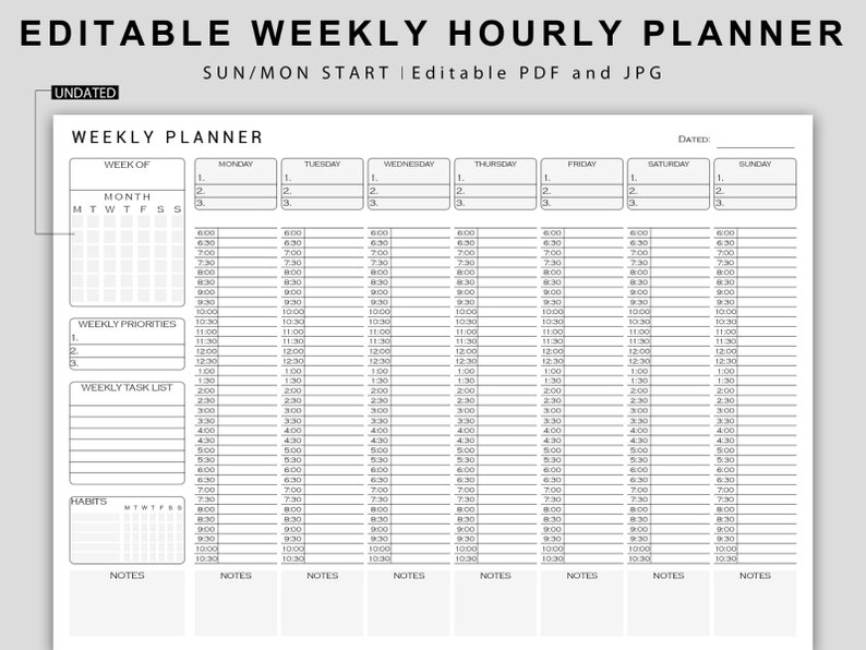 Printable Undated Hourly Weekly Planner | Undated Weekly Planner ...