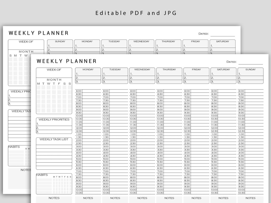 Printable Undated Hourly Weekly Planner Undated Weekly - Etsy