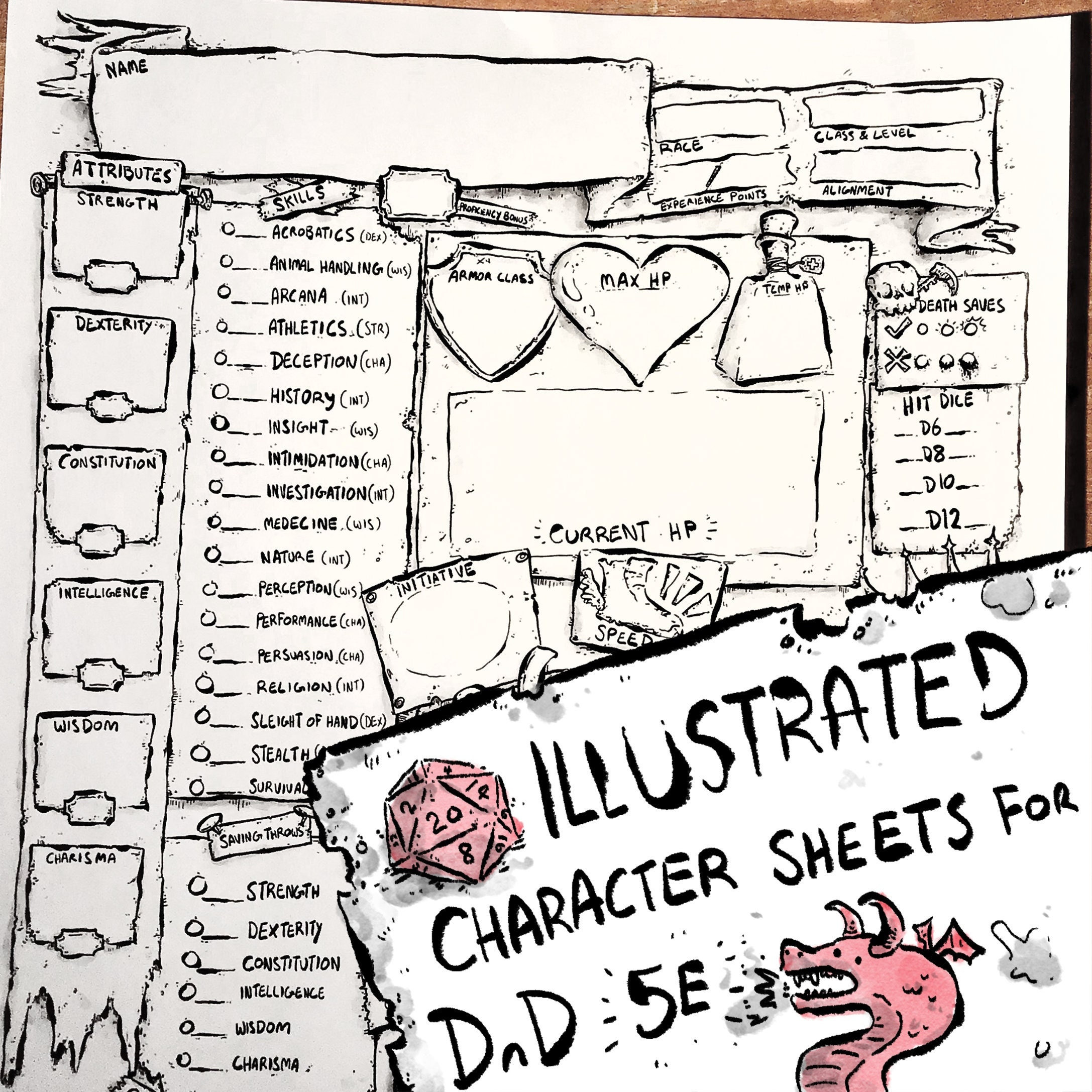 Inky Illustrated Dnd Character Sheet Printable D&D 5e - Etsy