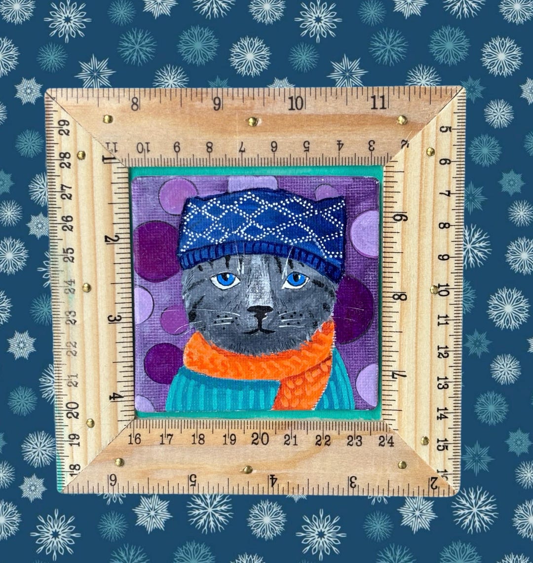 Scarfed and Stoic - Original Mini Painting in Handcrafted Ruler Frame ...