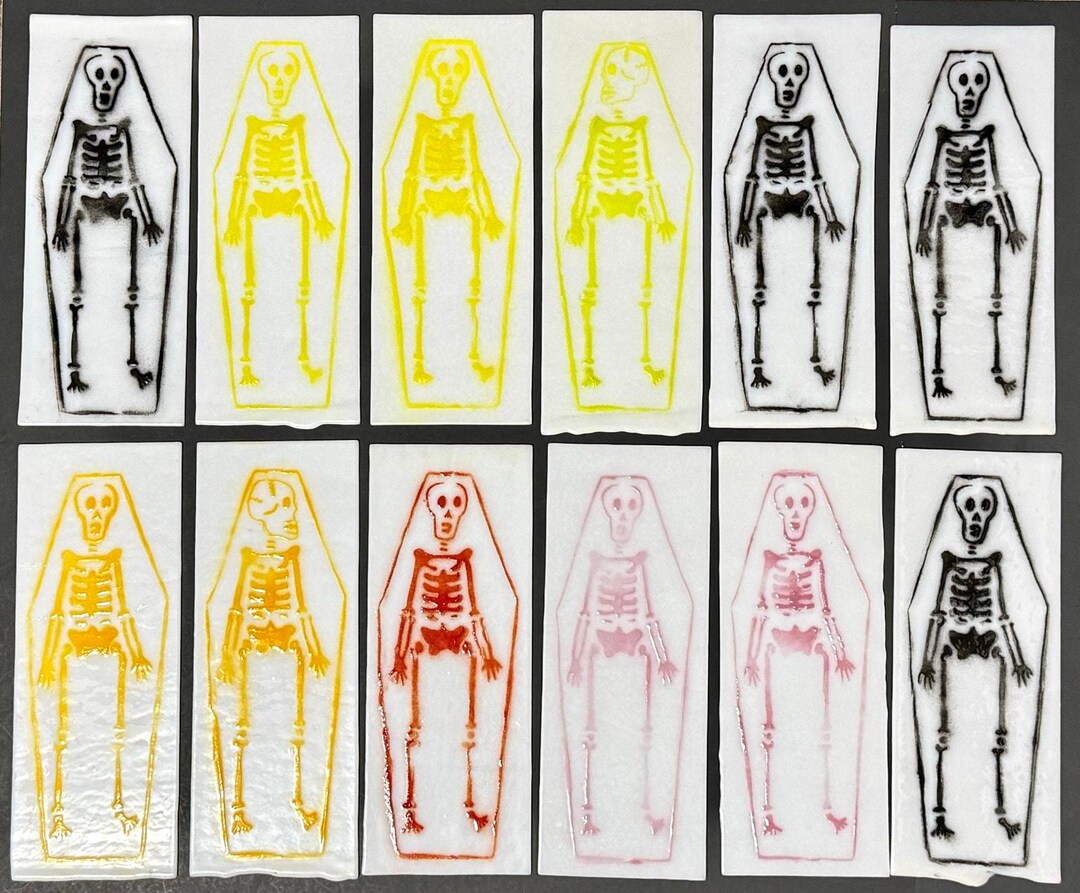 Lot of 12 Skeleton Stained Glass Panels - 10x4” Sheets - Skull Coffin ...