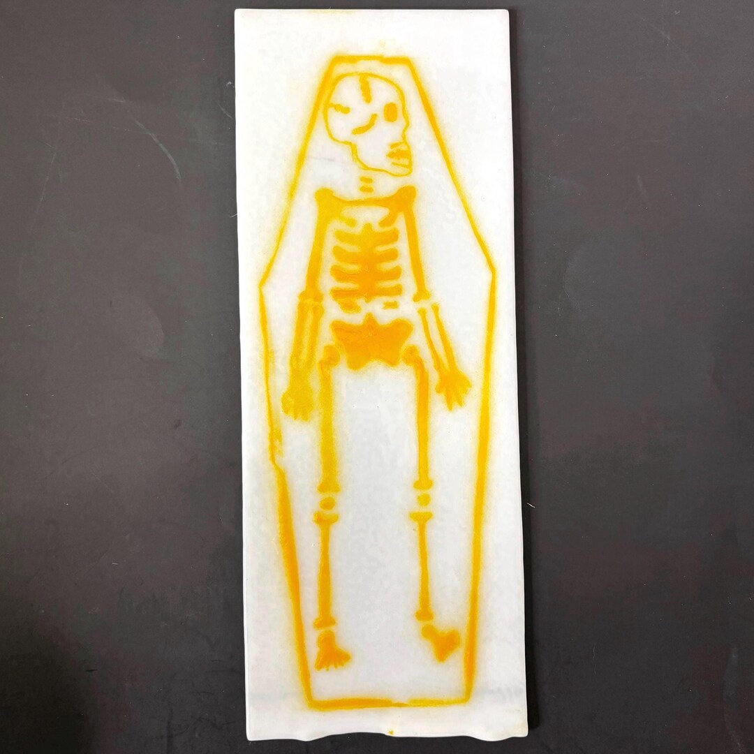 Yellow Skeleton on White Glass Panel 10x4 Coffin Skull Stained Glass ...