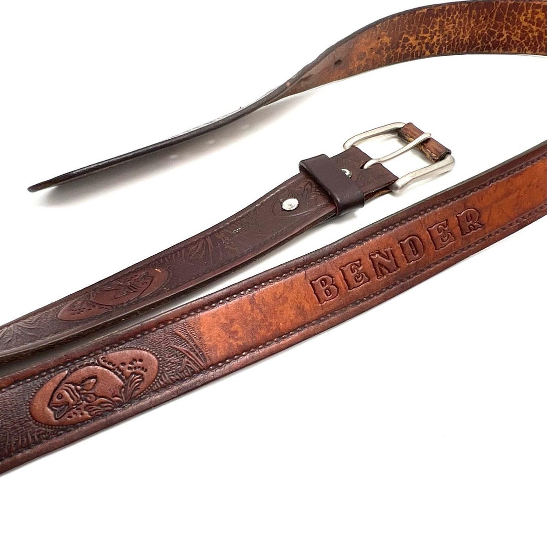 Bender Vintage Hand Tooled Brown Leather Western Belt 44 Bass Fish ...