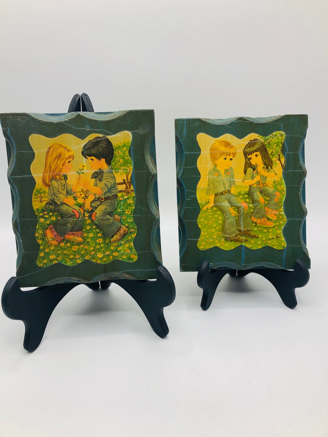 Vintage 1970s W.M. Otto Prints on Wood Hanging Frames Young Boy Girl ...