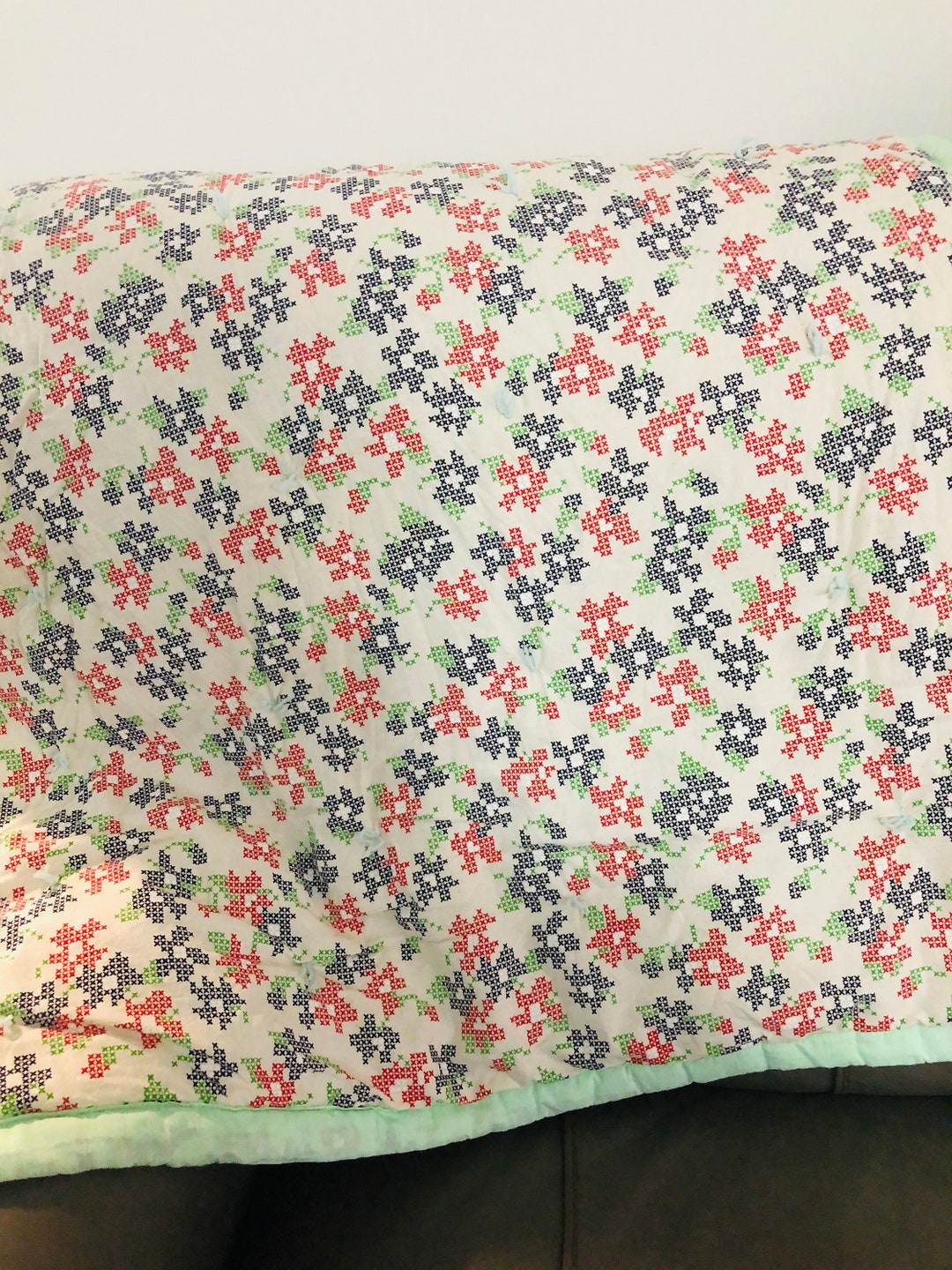 Handmade Lap Quilt With Vintage Fabric Baby Quilt Cross Stitch Looking ...