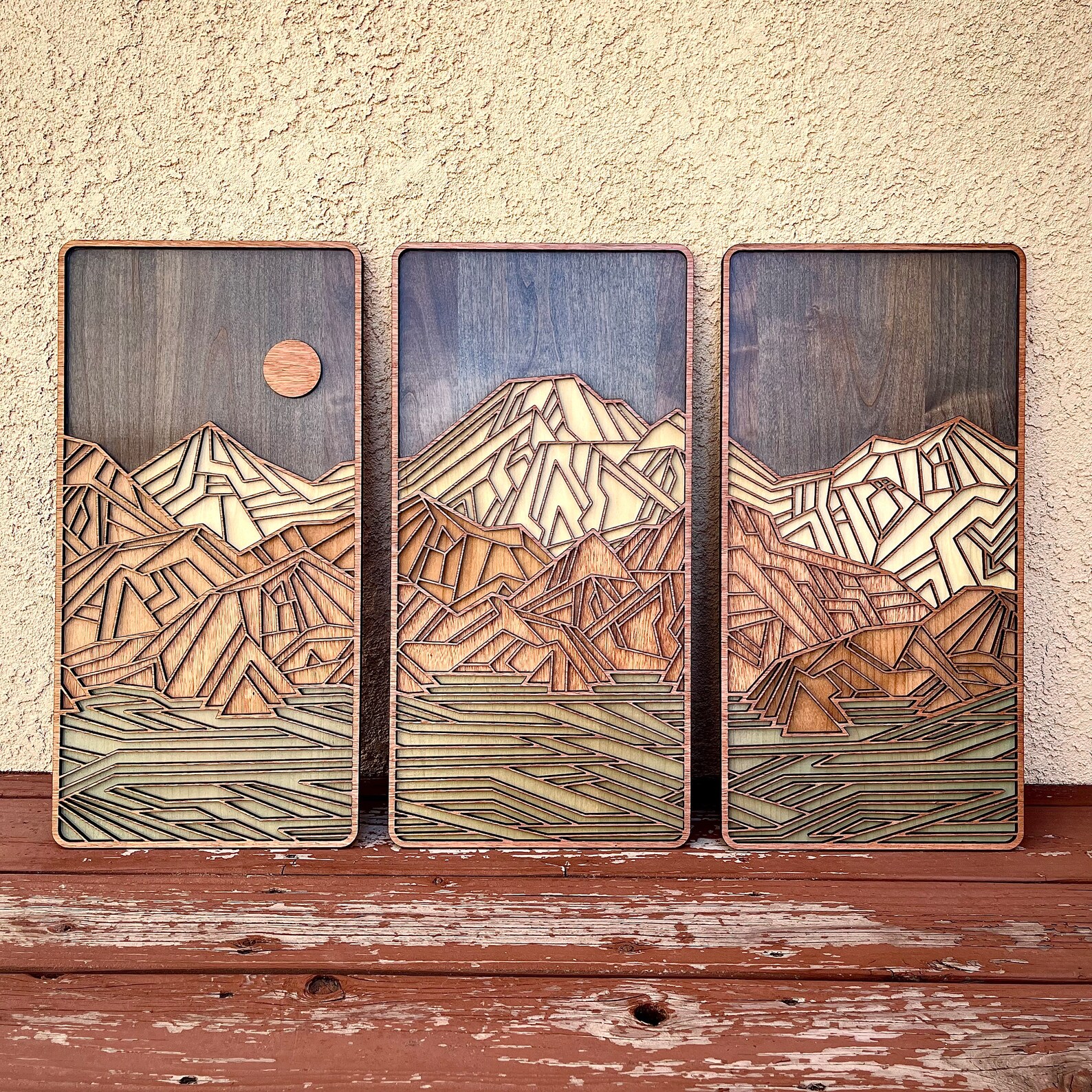 Geometric Mountain Triptych Three Panels Rustic Style Wall - Etsy