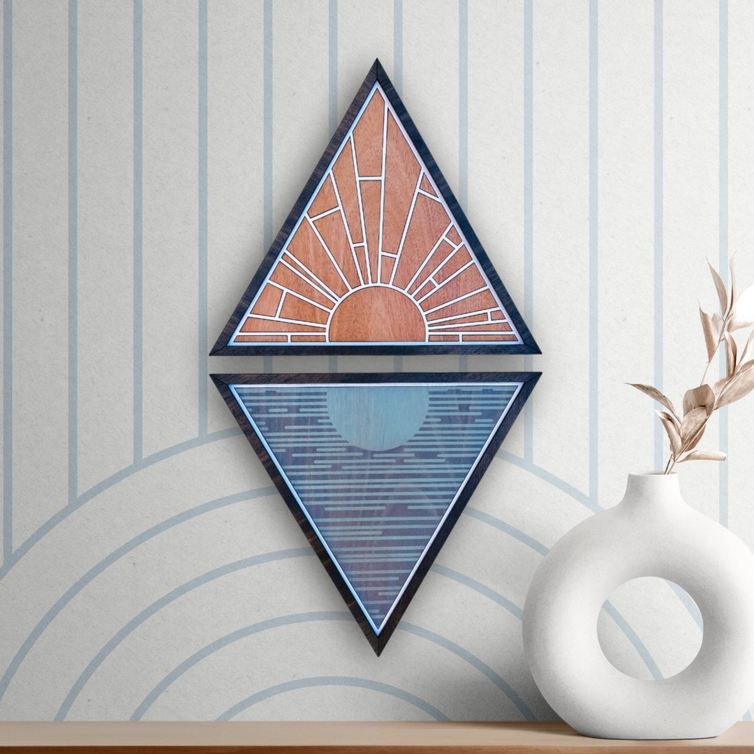 Geometric Sunrise Triangles, Minimalist Layered Wood Wall Art, Unique ...