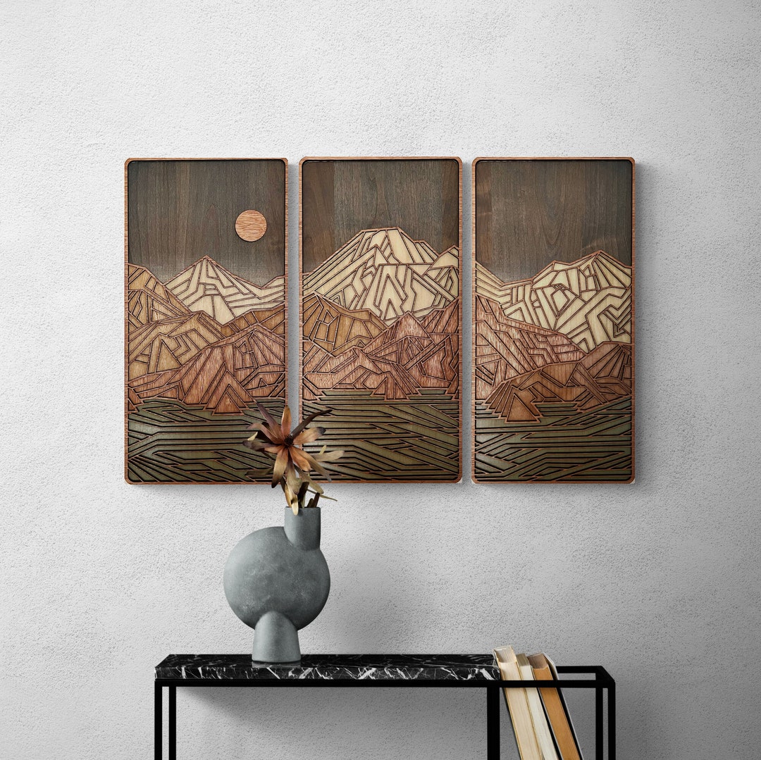 Geometric Mountain Triptych, Three Panels, Rustic Style Wall Art ...