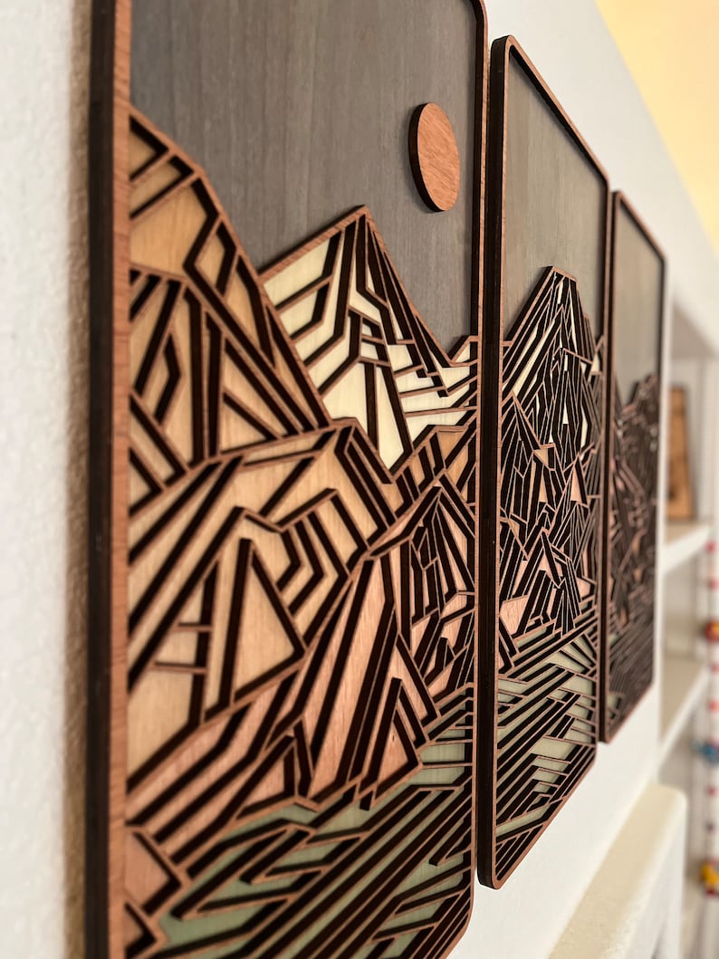 Geometric Mountain Triptych Three Panels Rustic Style Wall - Etsy