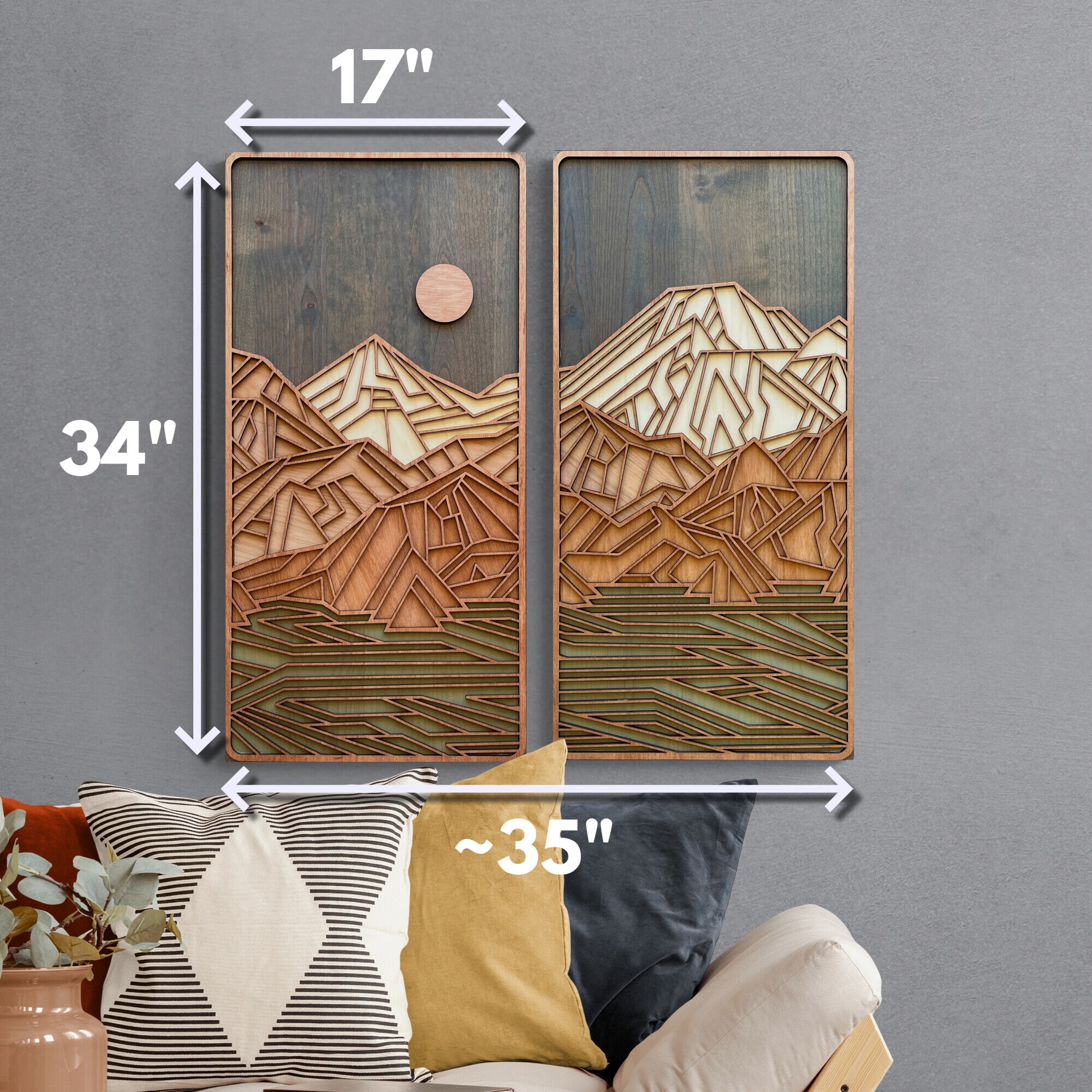Large Geometric 2 Panel Mountain Scene, Wood Wall Art, Modern Rustic ...