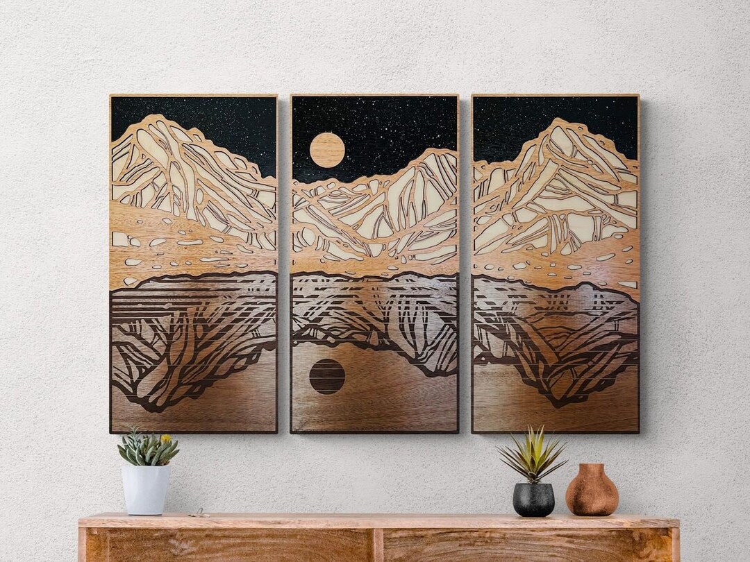 Midnight Mountains Triptych, Handcrafted, 3d Laser Cut Layered Wood ...