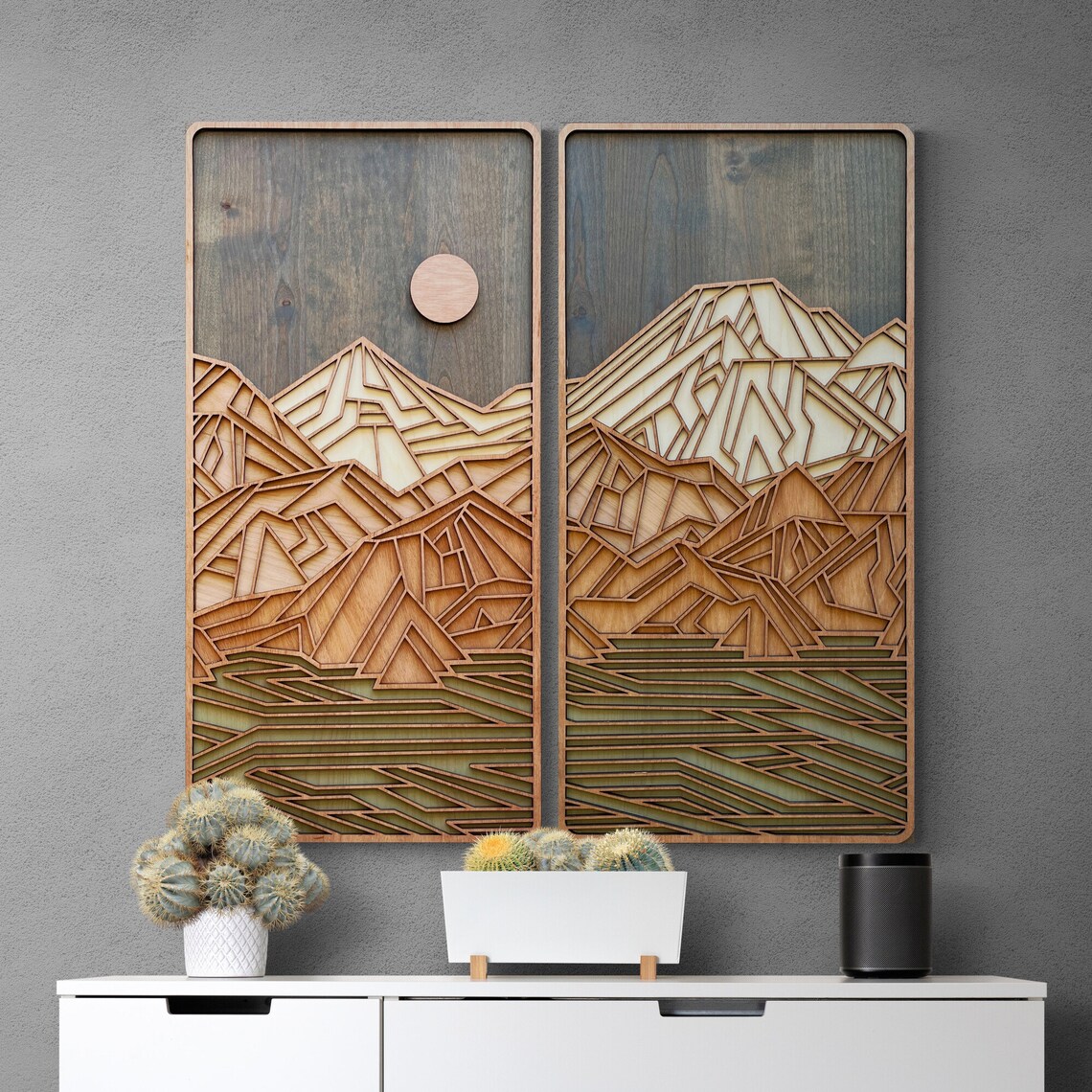 Large Geometric 2 Panel Mountain Scene Wood Wall Art Modern - Etsy