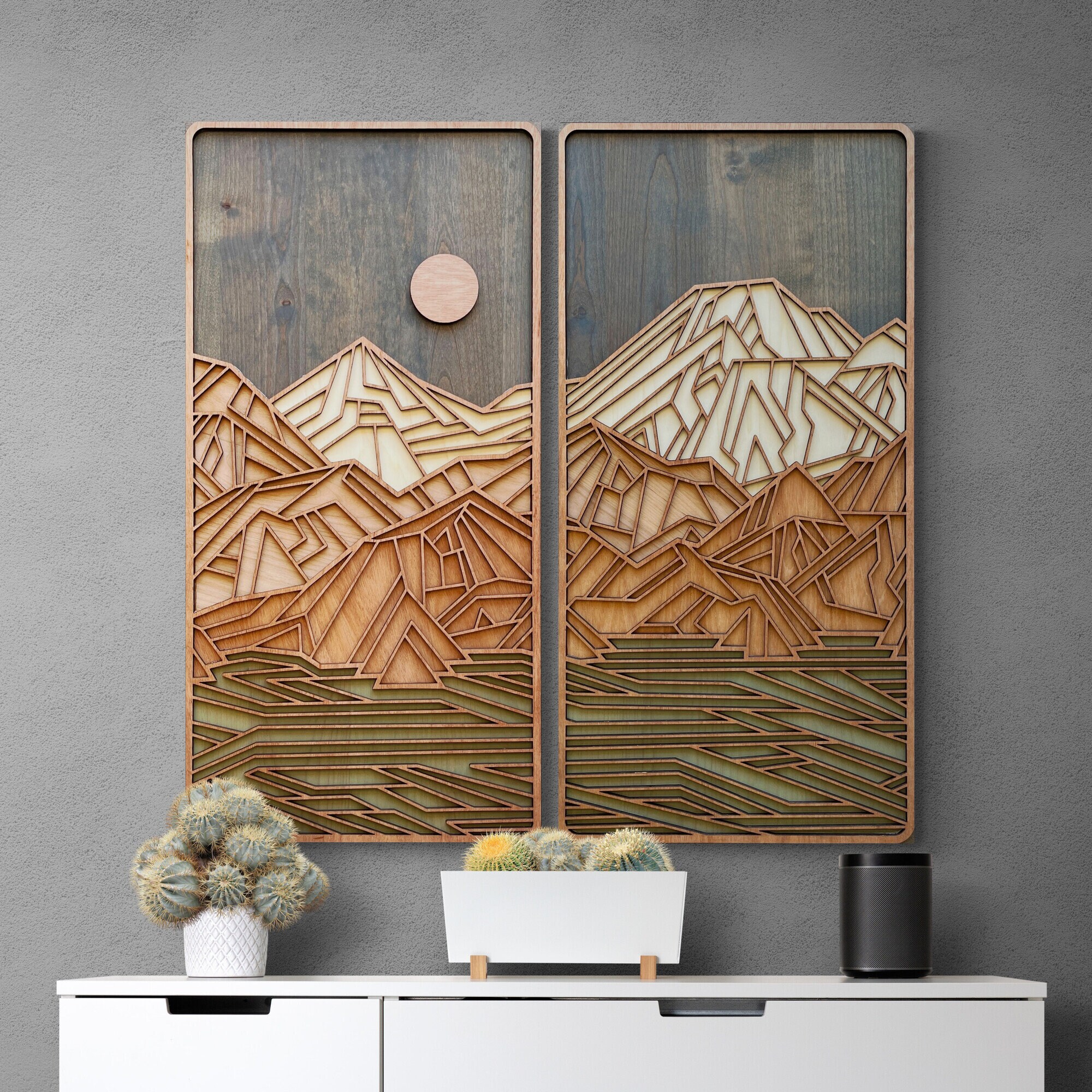 Large Geometric 2 Panel Mountain Scene Wood Wall Art Modern - Etsy