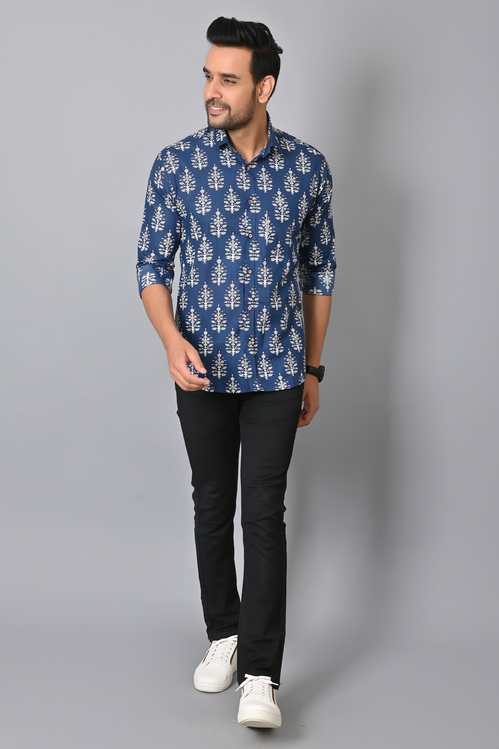 Indigo Blue Shirt Sanagneri Printed Hand Block Cotton Shirt Full ...