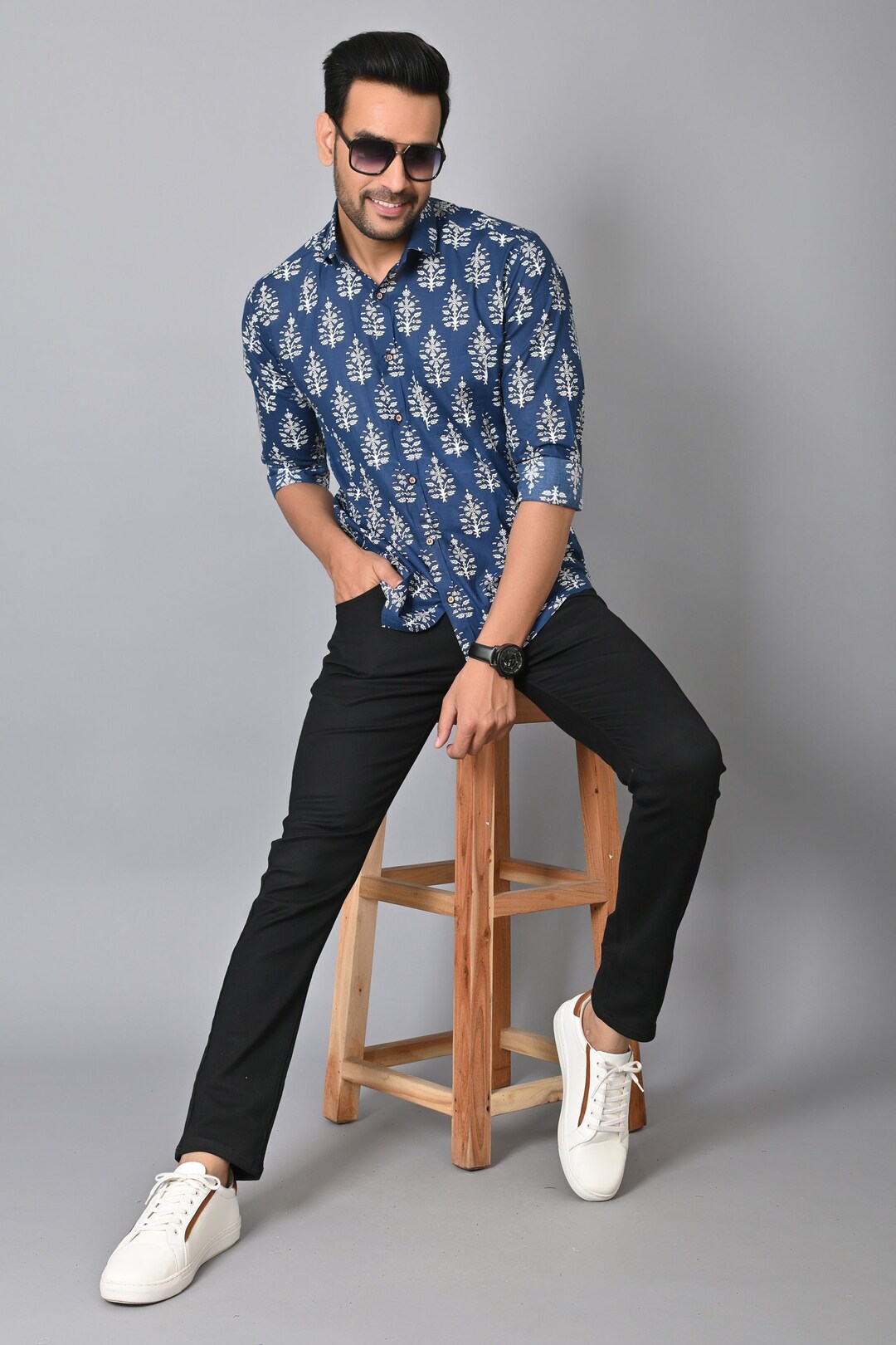 Indigo Blue Shirt Sanagneri Printed Hand Block Cotton Shirt Full ...