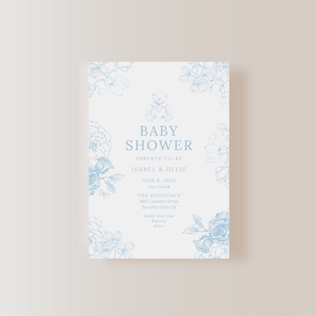 Blue Toile Bear Baby Shower Sprinkle Brunch Invite E-vite 5x7 - Etsy