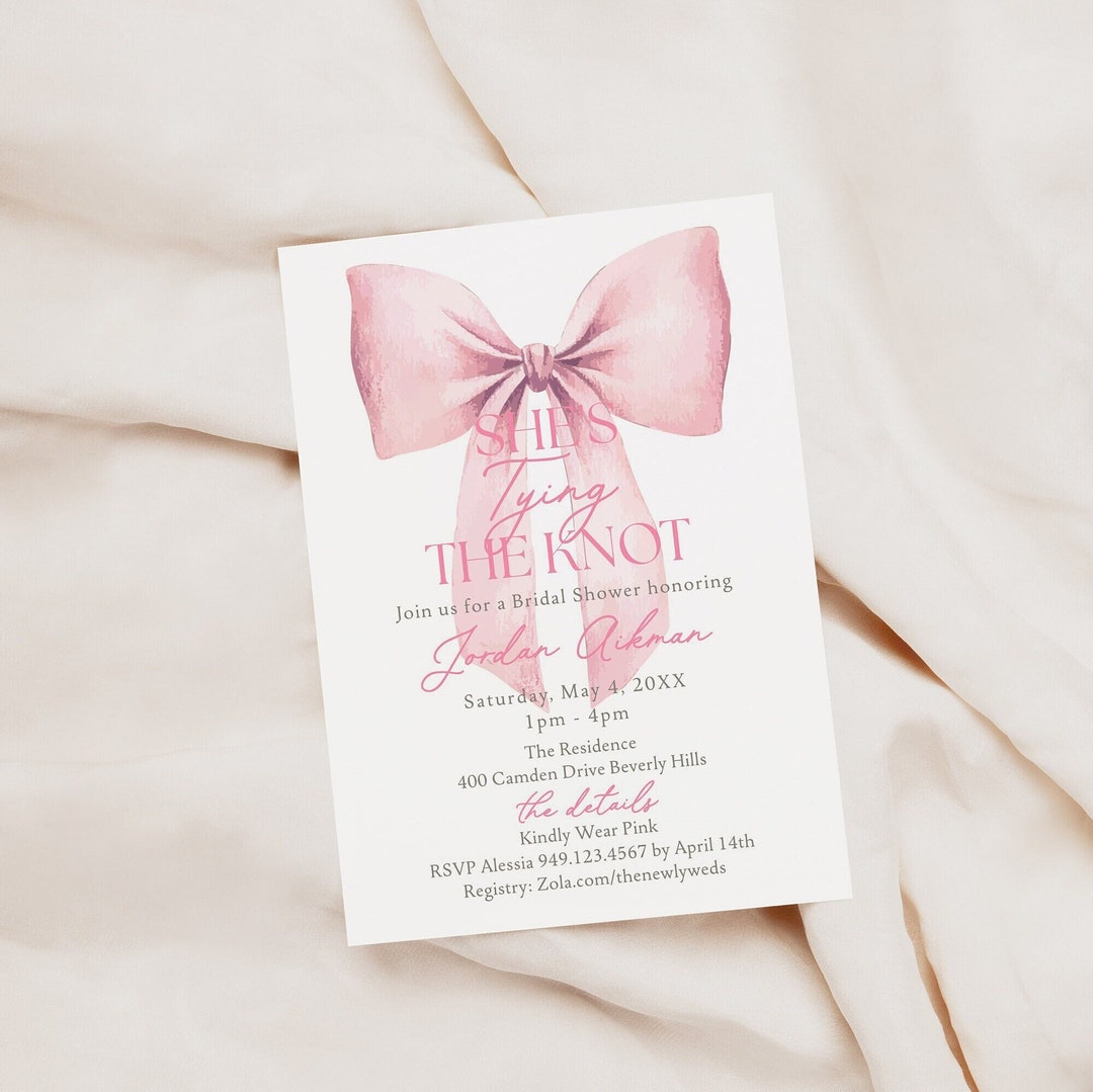 Tying the Knot Pink Bow Invitation E-vite 5”x7” - Etsy
