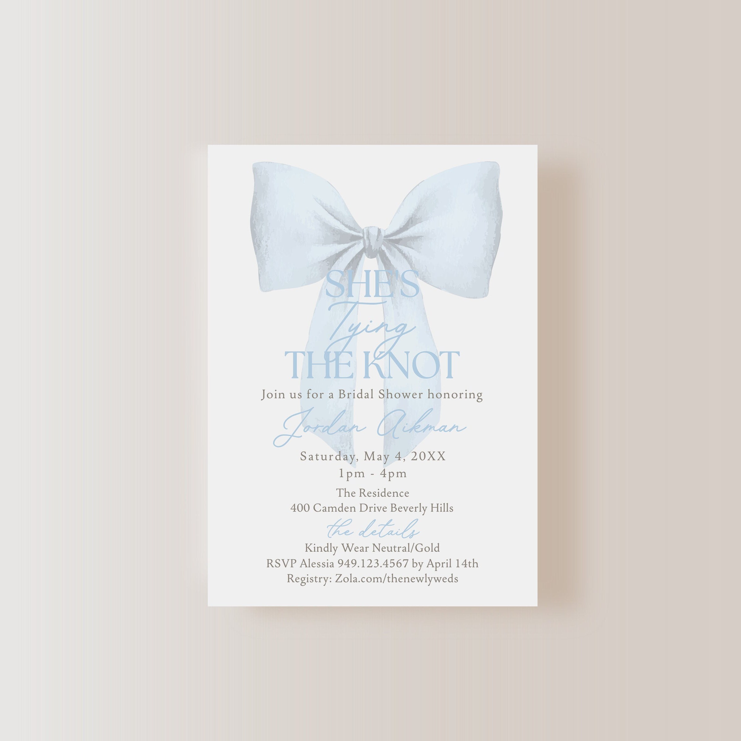 Tying the Knot White Blue Bow Invitation E-vite 5x7 - Etsy
