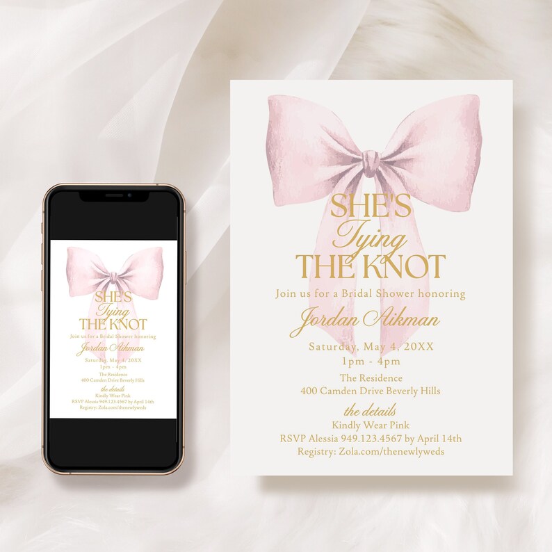 Tying the Knot Pink Bow Invitation E-vite 5x7 - Etsy