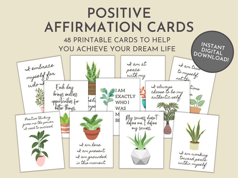 Positive Affirmation Cards: 48 Printable Motivational Cards (digital ...