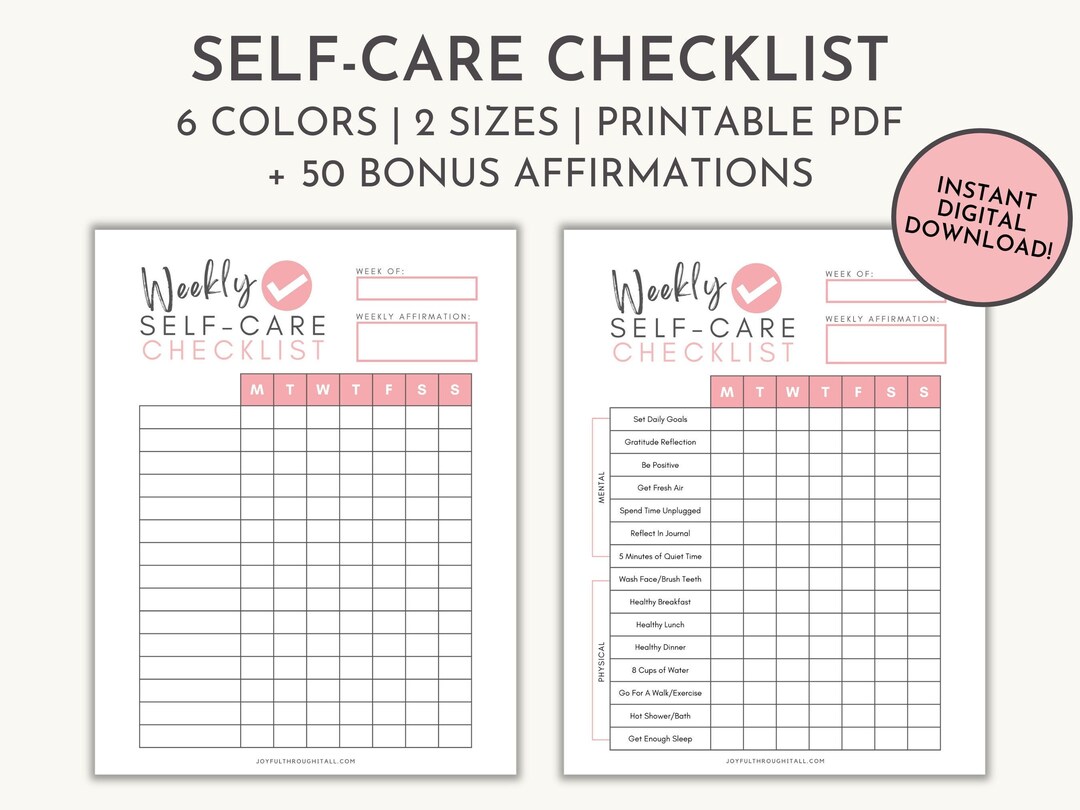 Daily Self Care Checklist Printable Self Care Habit Tracker - Etsy