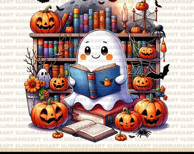 Ghost Reading Book Png, Spooky Season Png, Bookish Fall Png, Retro ...