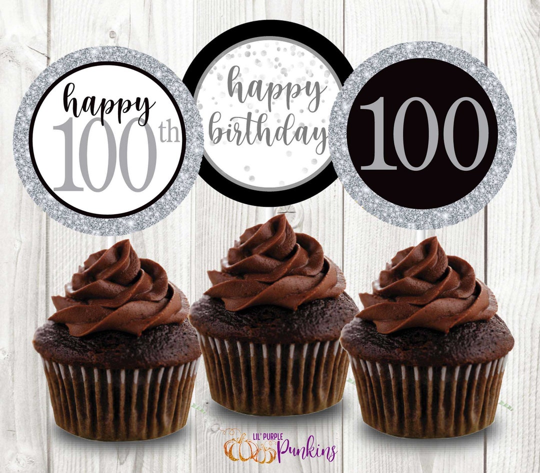 Happy 100th Birthday Cupcake Toppers, Silver Milestone Birthday ...