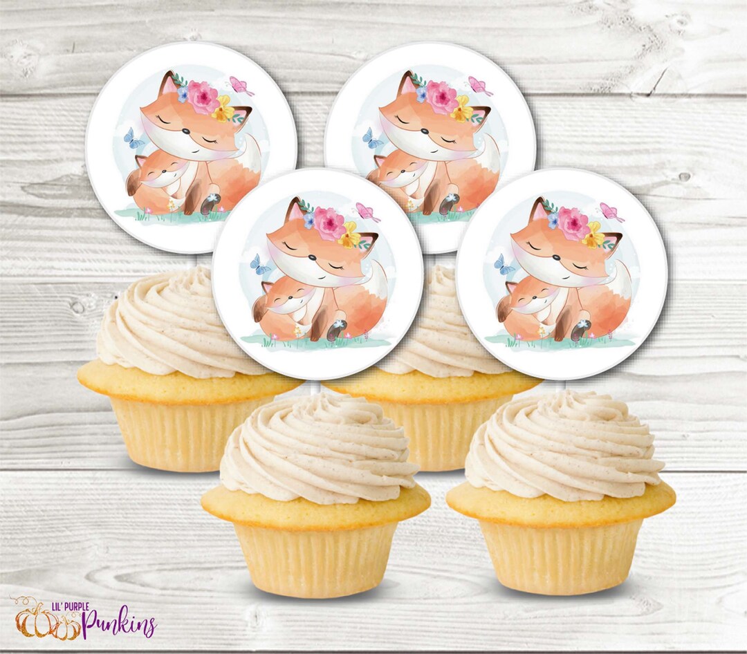 Baby Fox Cupcake Topper, Floral, Watercolour, Instant Download, Digital ...