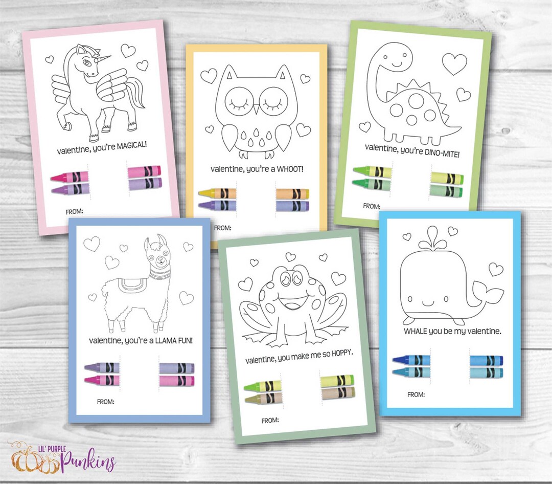 DIY Colouring Page Valentine, Llama, Dinosaur, Unicorn, Whale, Frog ...
