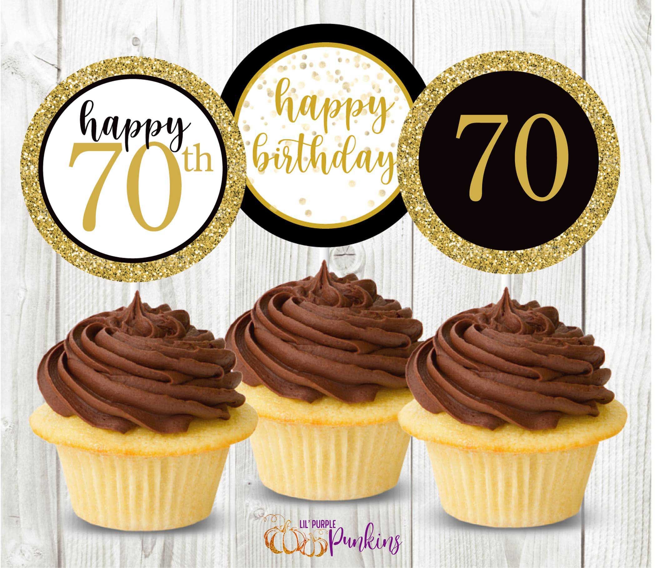 Happy 70th Birthday Cupcake Toppers, Gold Milestone Birthday, Instant ...