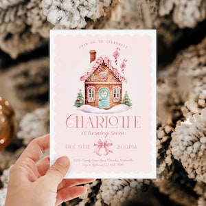 Christmas Gingerbread House Invitation Template, Pink Christmas Invite ...