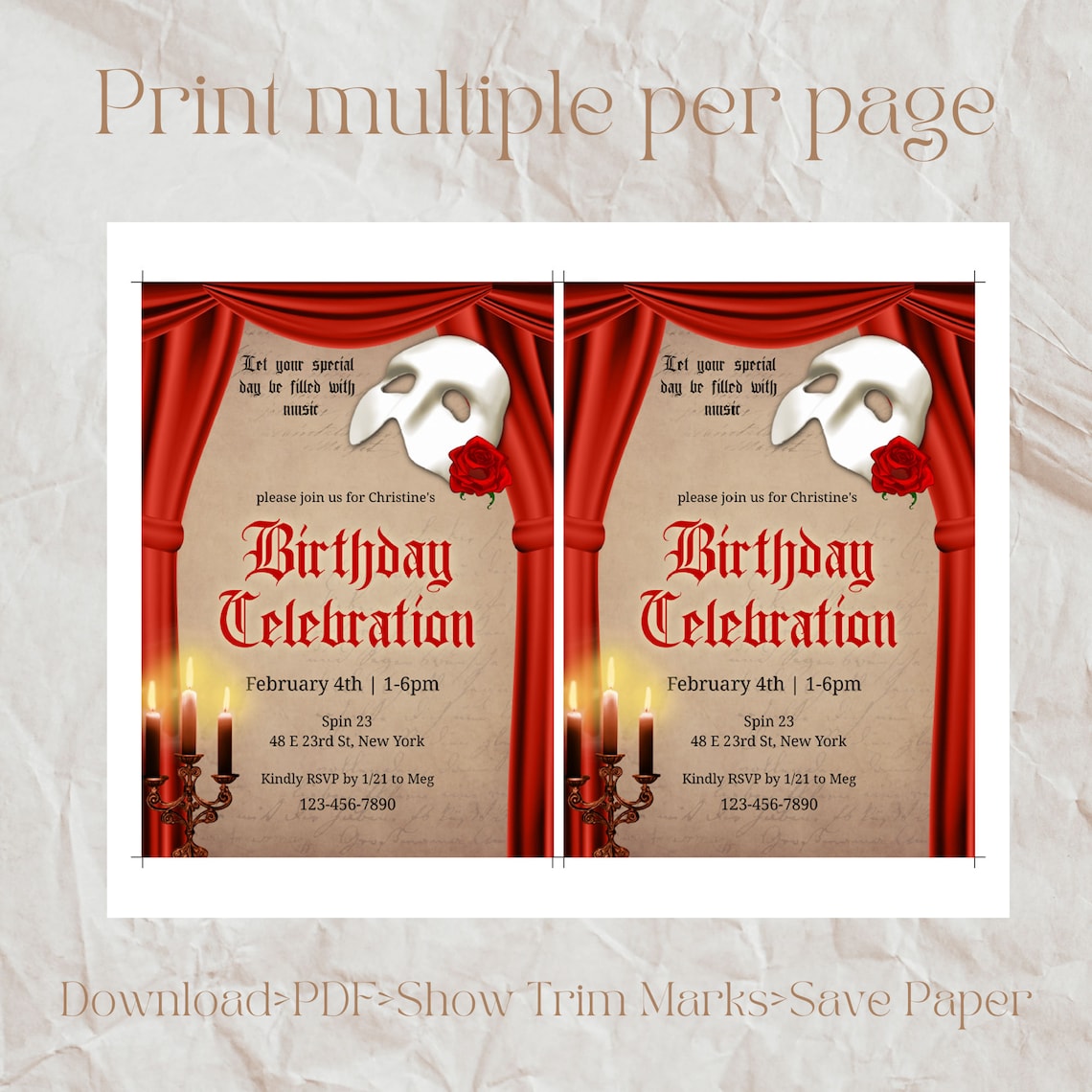 Phantom of the Opera Birthday Invitation Template: Masquerade Ball ...