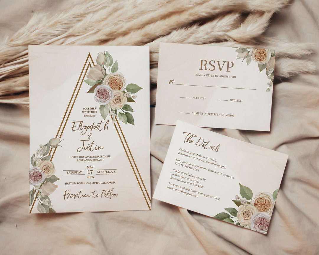 Triangle Wedding Invitation Set Template Boho Blush Wedding - Etsy