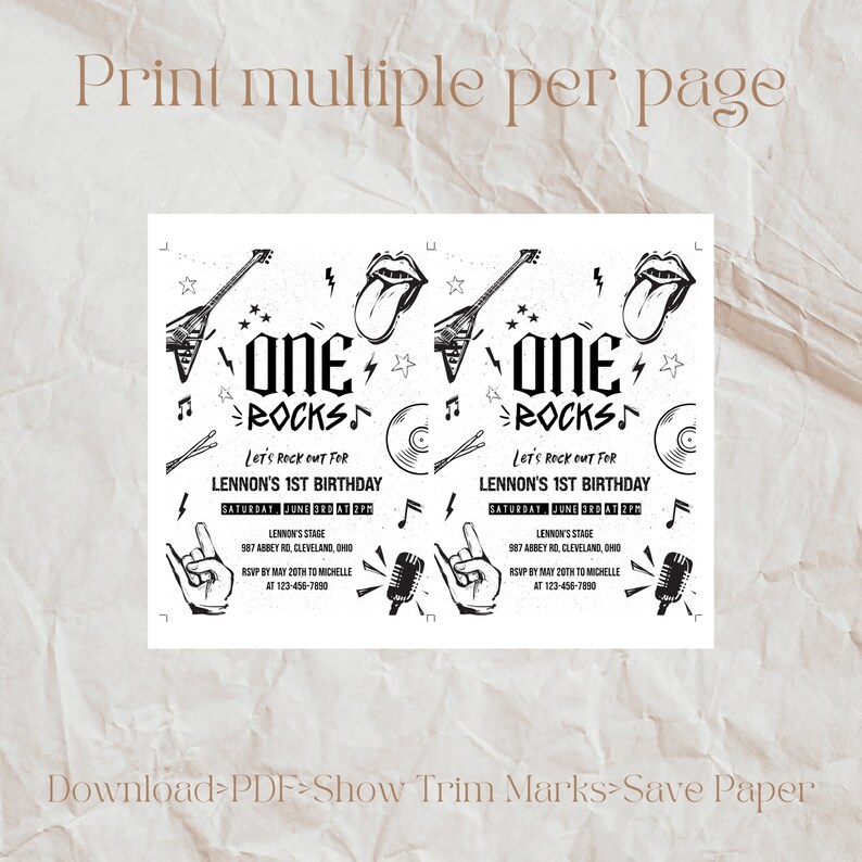 One Rocks 1st Birthday Invitation: Rock and Roll Theme (editable ...