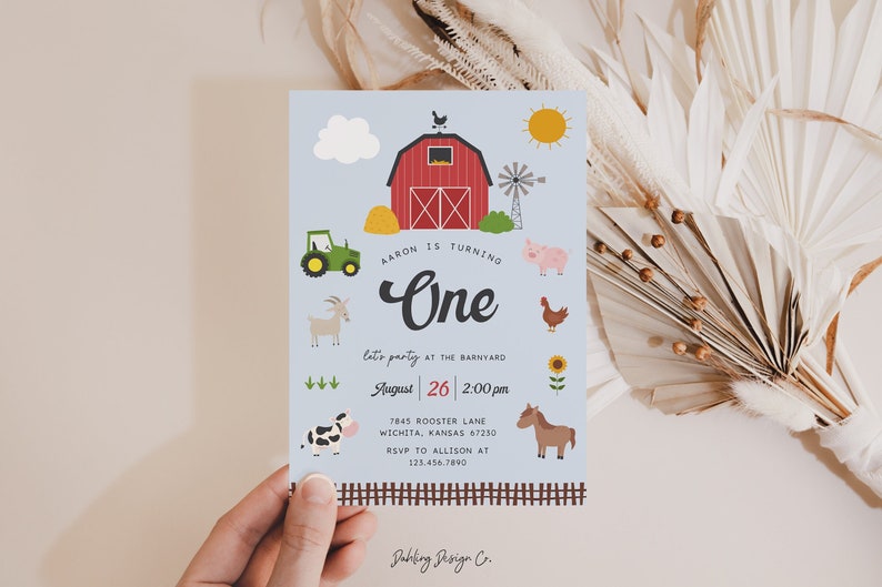Farm First Birthday Invitation Template: Boy Barnyard Birthday Party ...