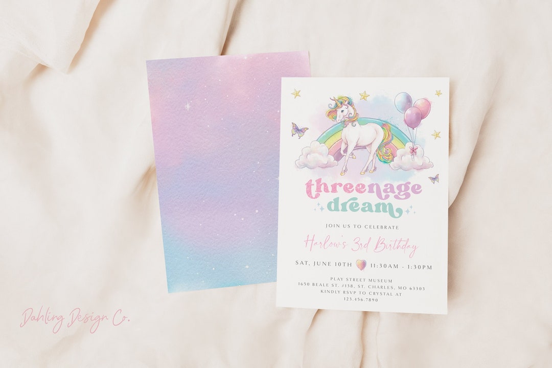 Threenage Dream Invitation Template, Unicorn 3rd Birthday Invite ...