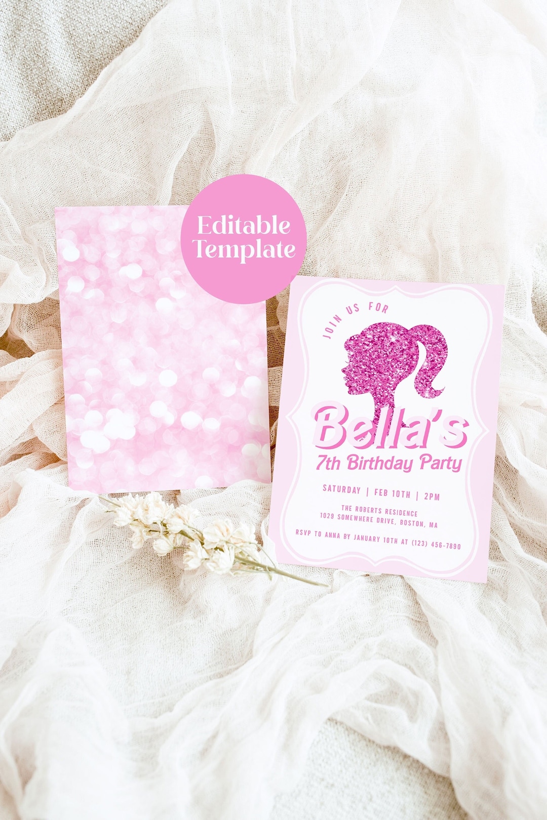 Pink Doll Birthday Invitation Template for Girl's Birthday Party, Hot ...