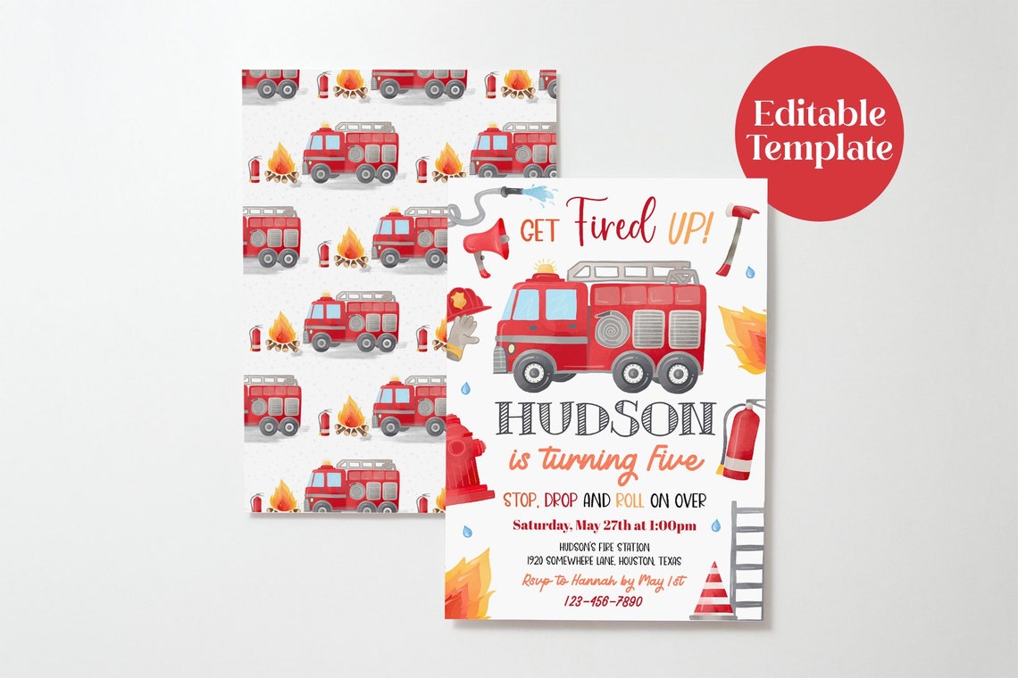 Firetruck Birthday Invitation Template for Boy Birthday Party ...