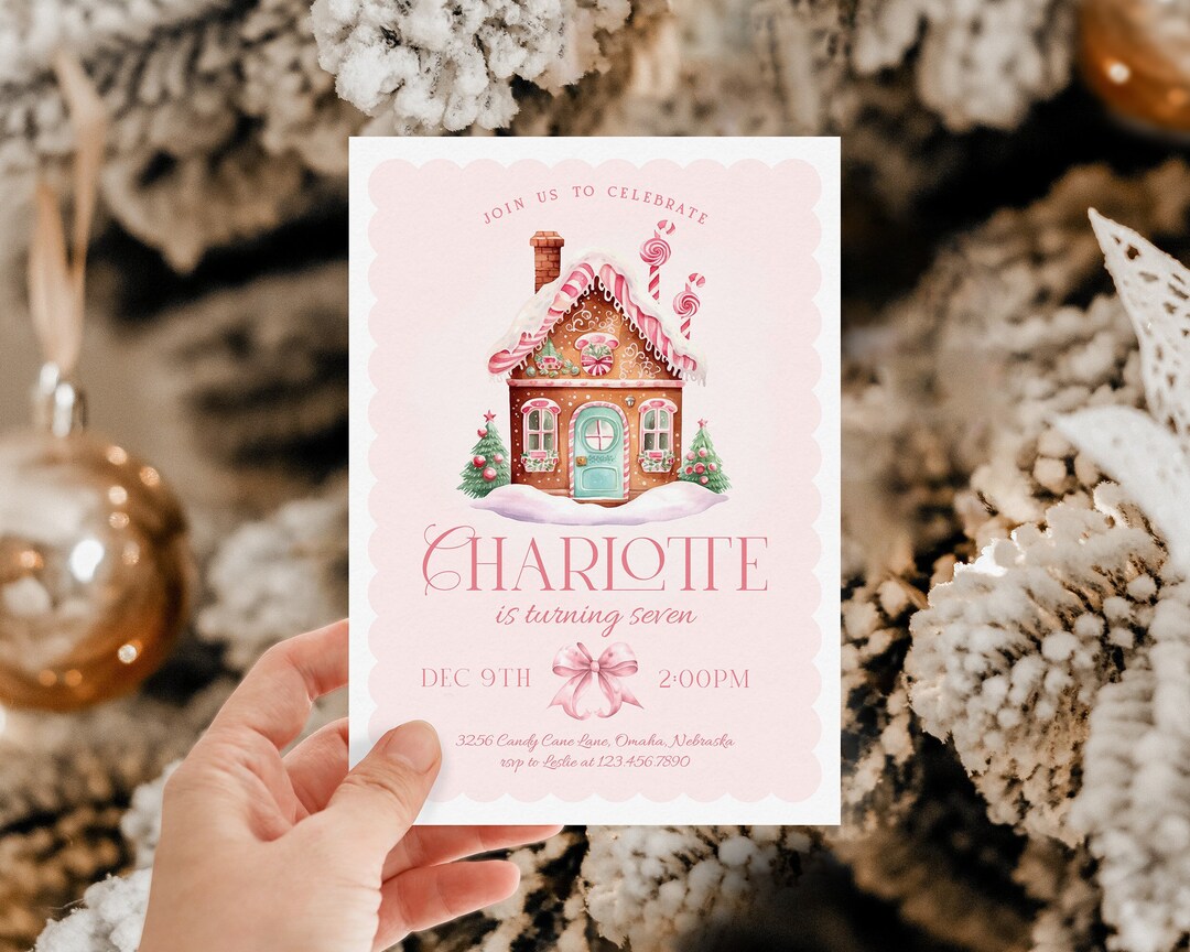 Christmas Gingerbread House Invitation Template, Pink Christmas Invite ...