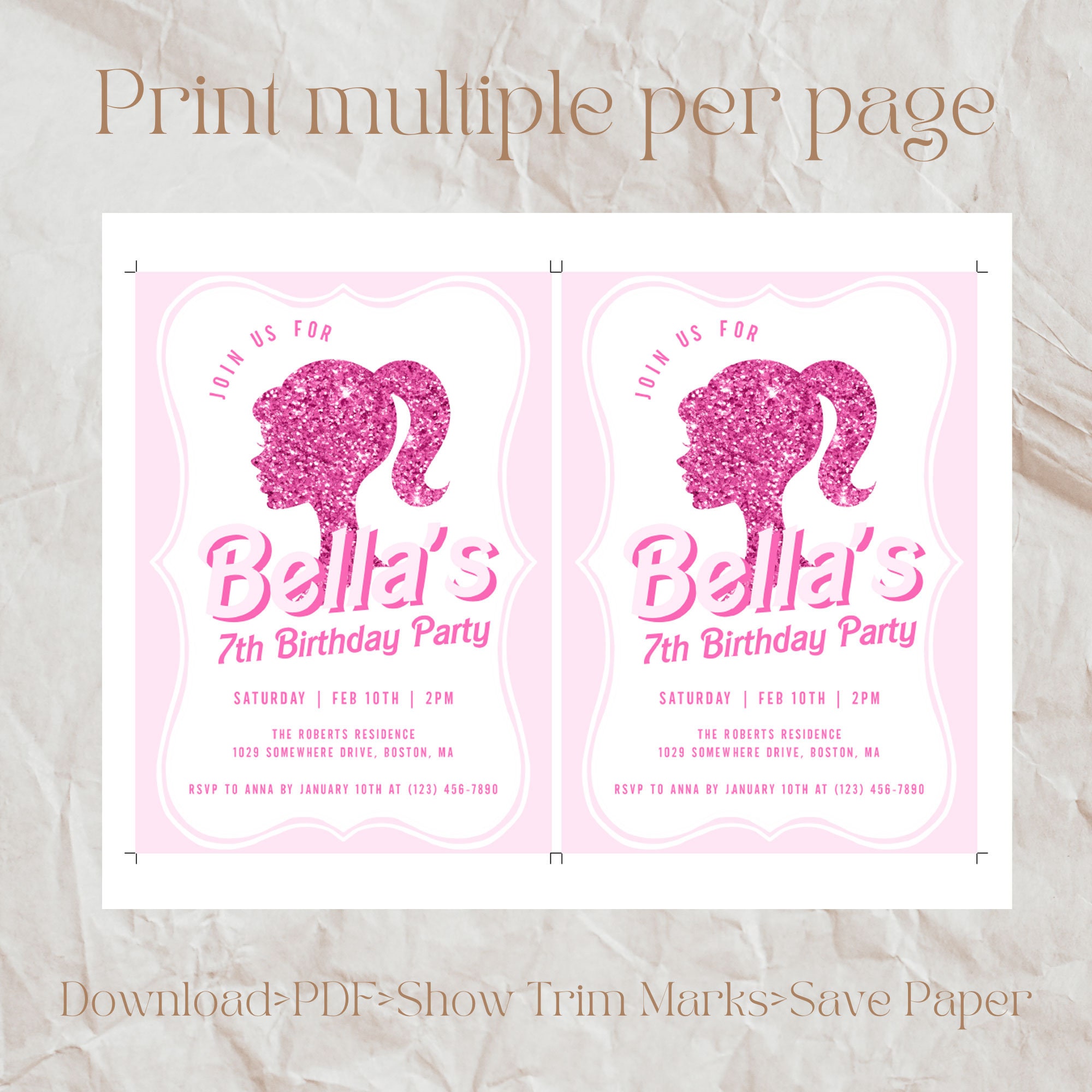 Pink Doll Birthday Invitation Template for Girl's Birthday - Etsy