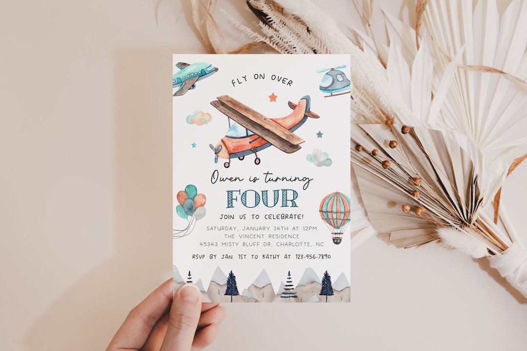 Airplane Birthday Invitation Template: Watercolor Aviation Party ...
