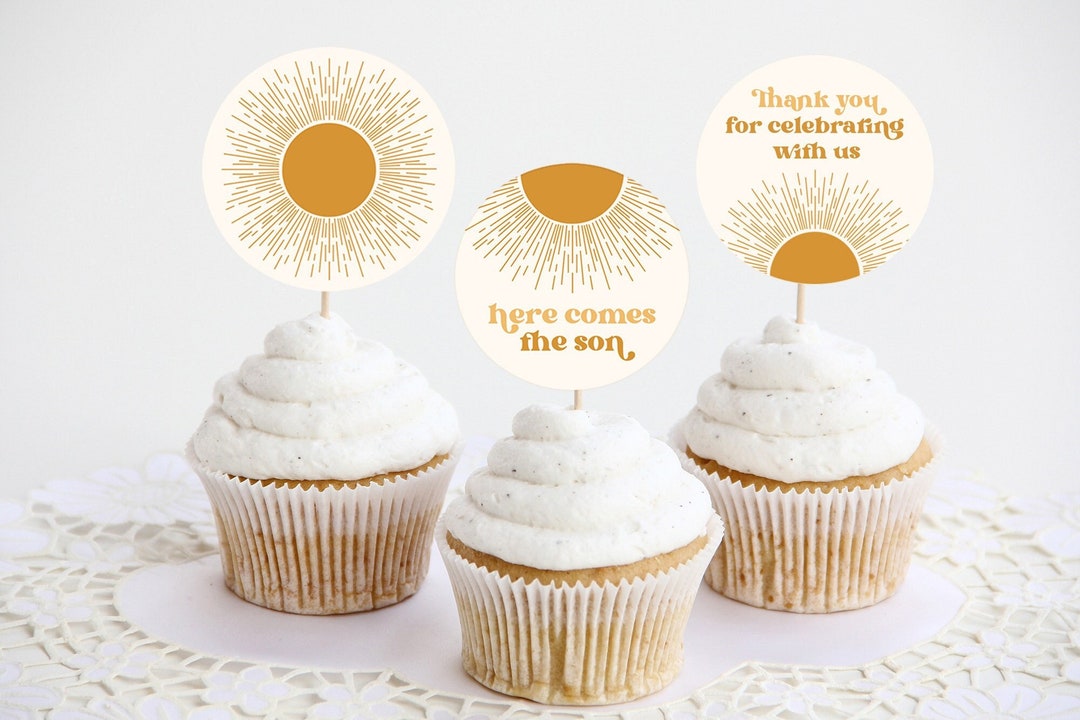 Editable Retro Sun Cupcake Toppers Template, Sun Sticker Template, Here ...