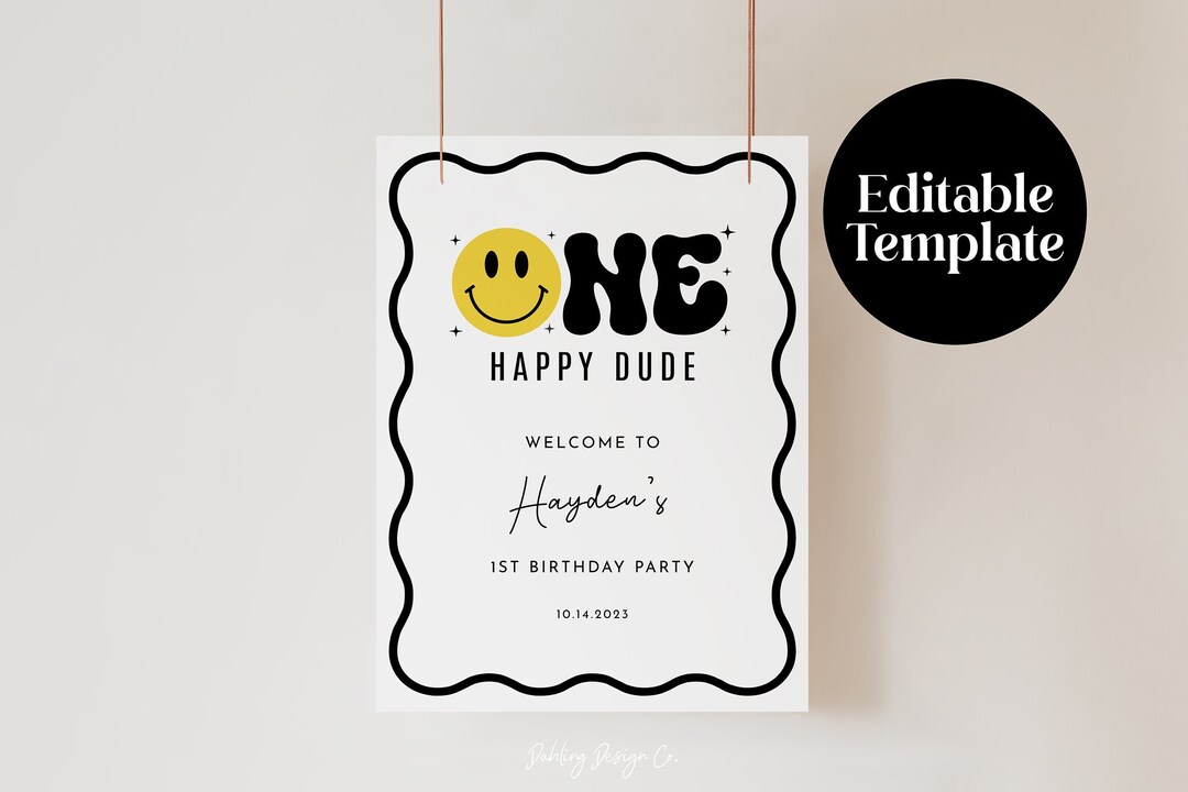 One Happy Dude Welcome Sign: Retro Smiley Face, First Birthday (digital ...