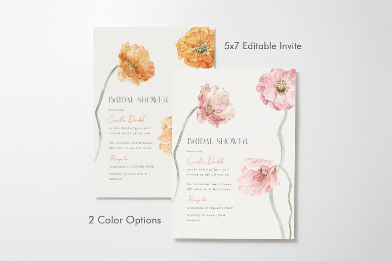 Poppy Invitation Template for Bridal Shower Editable Poppies - Etsy