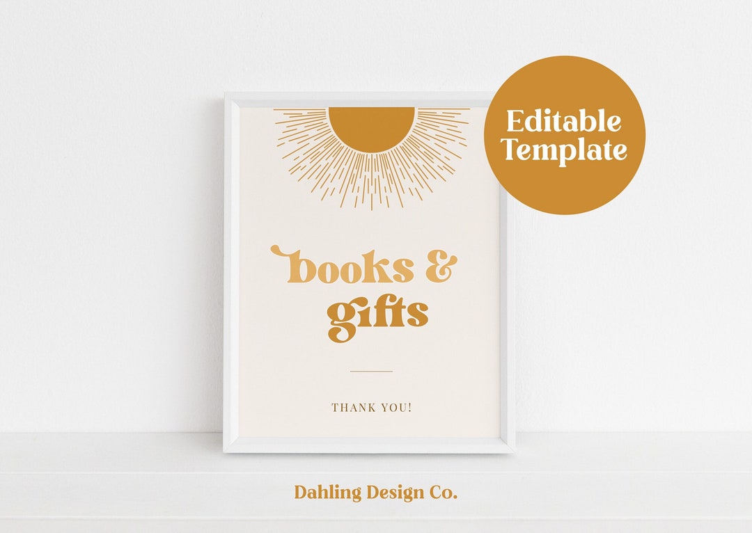 Retro Sun Books and Gifts Sign Template for Baby Shower, Boho Sun Gifts ...
