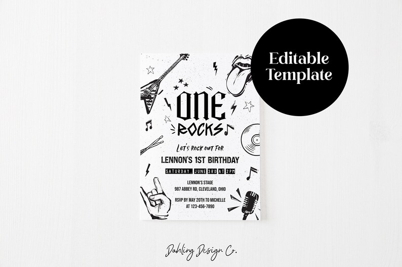 One Rocks 1st Birthday Invitation: Rock and Roll Theme (editable ...